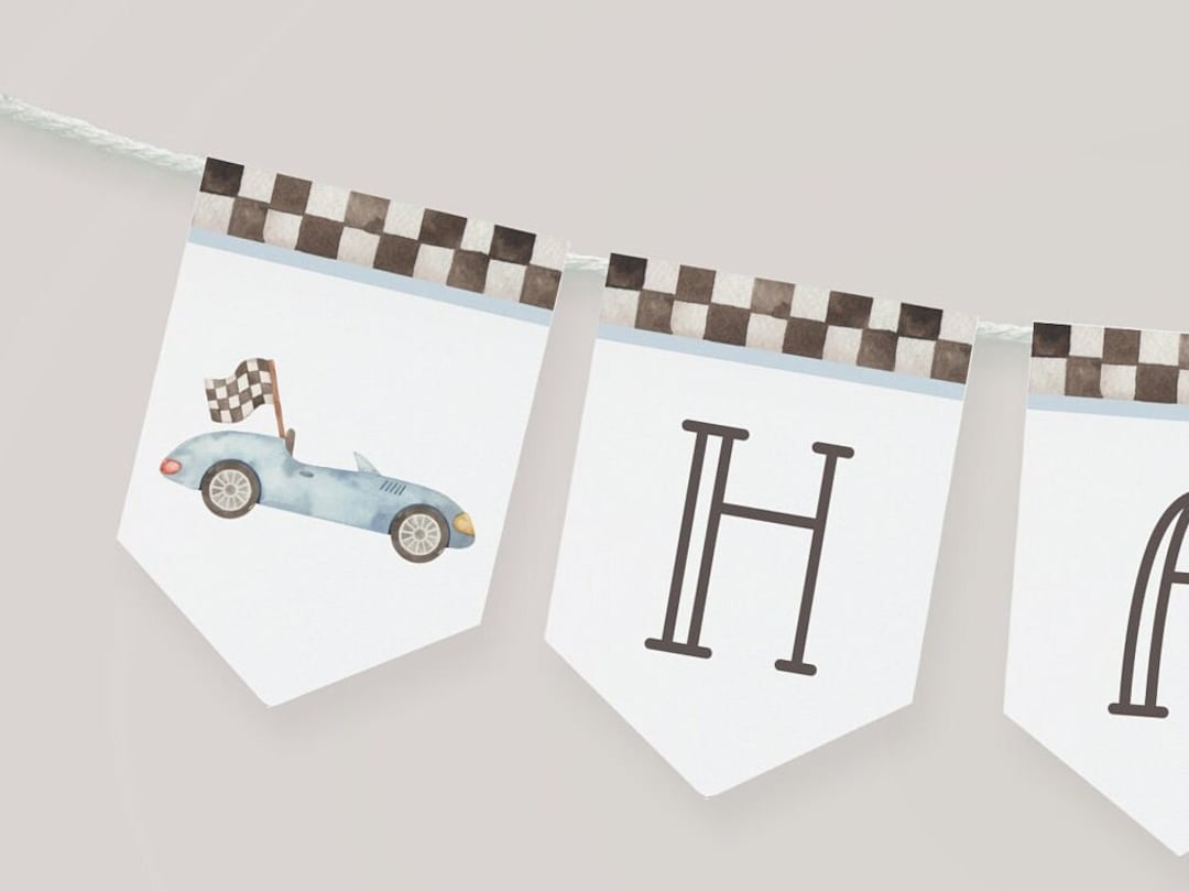 Baby Blue Car Happy Birthday Banner, Printable Race Car Party Garland ...