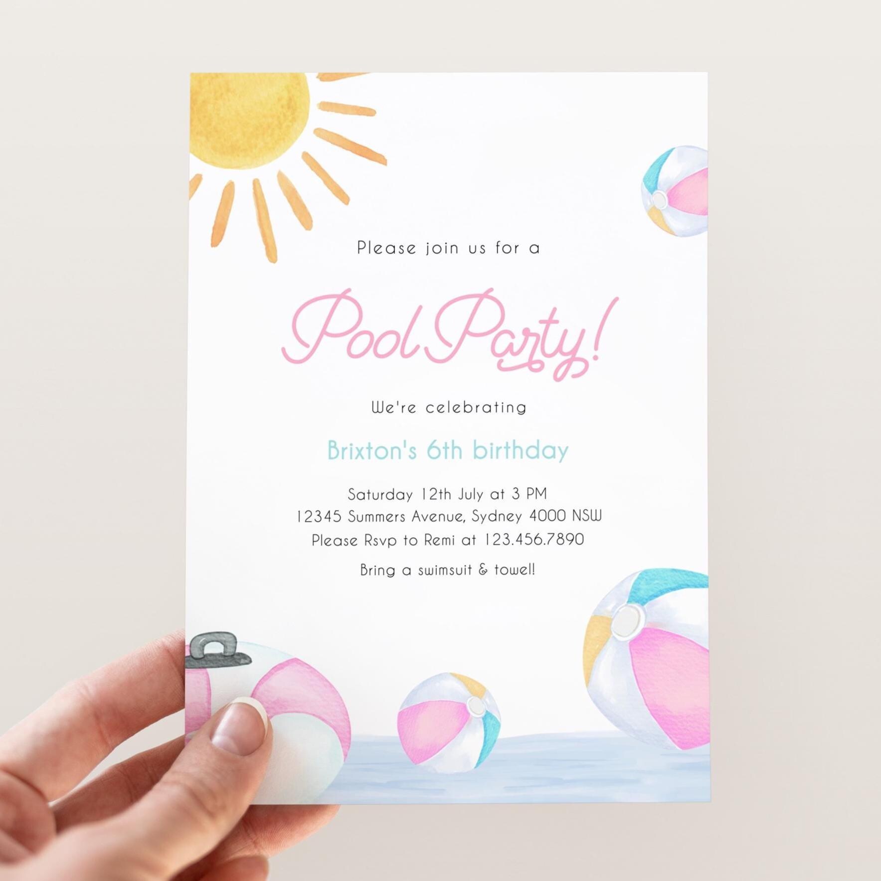 Editable Pool Party Birthday Invitation, Girl Pink Pool Party Invite ...