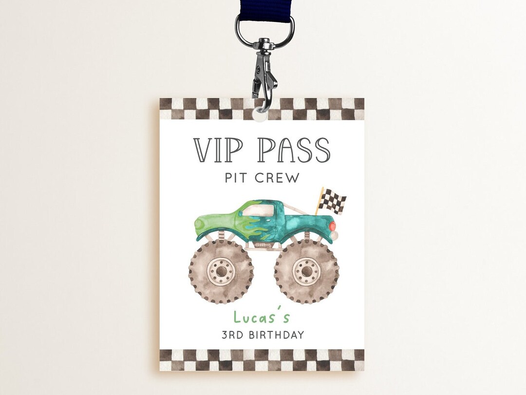 Green Monster Truck Pit Crew Pass, Editable Racing Truck Birthday VIP ...