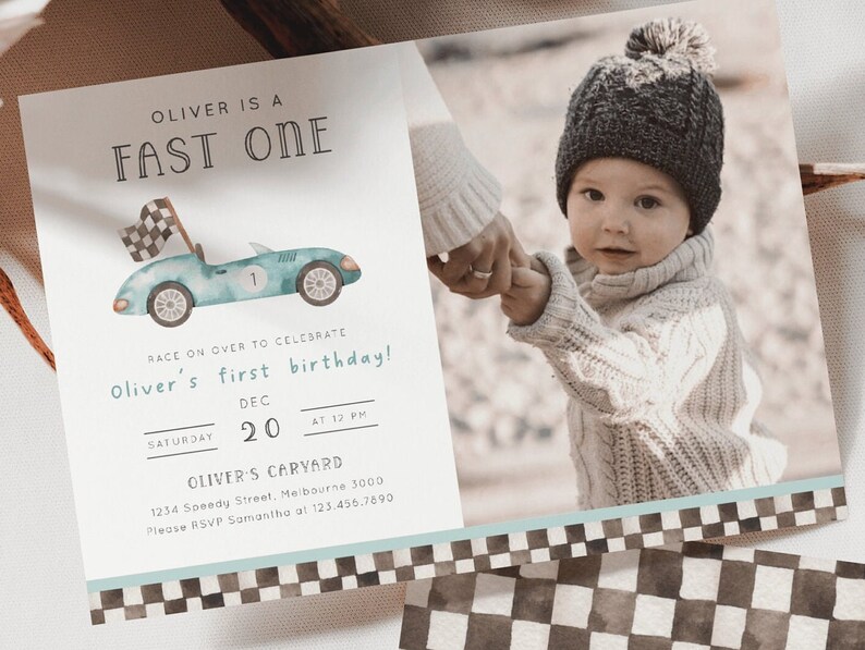 Fast ONE Birthday Invitation With Photo, Editable Racing 1st Bday Party ...
