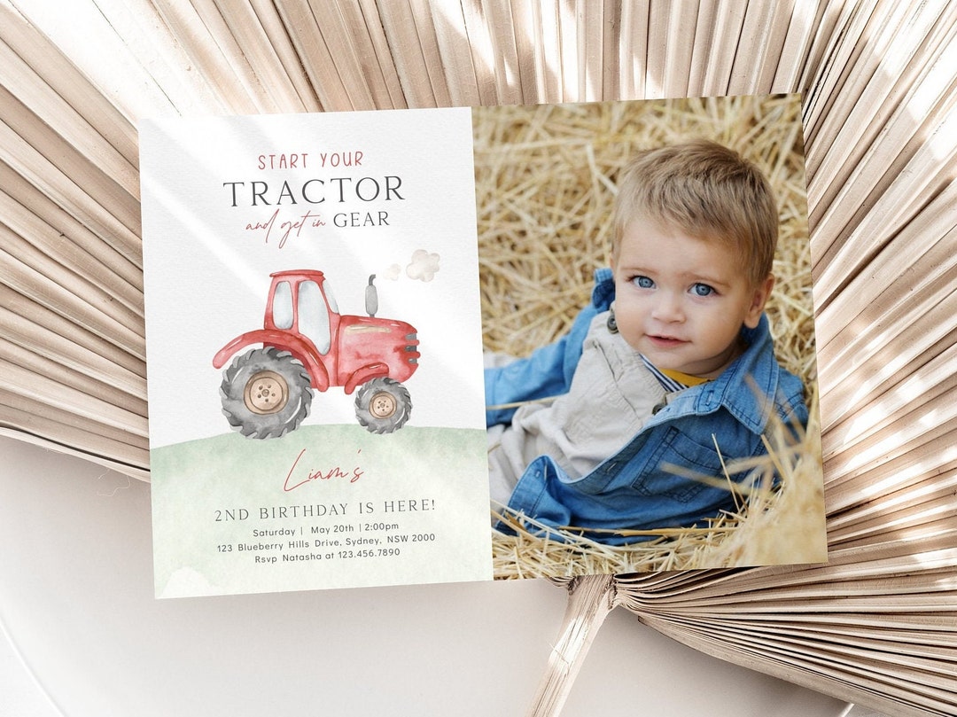 Red Tractor Birthday Invitation With Photo, Editable Template, Any Age ...