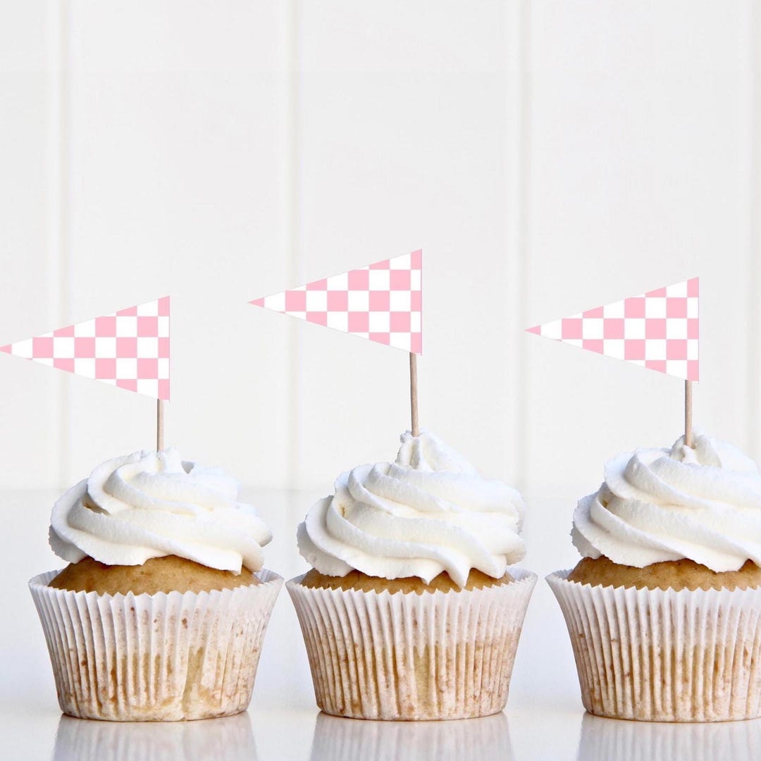 Printable Pink Checkered Cupcake Toppers, Racing Flags Party Toppers ...