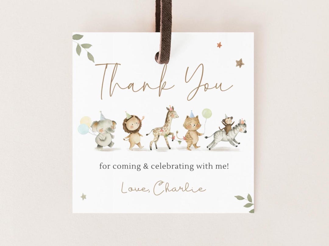 Safari Animals Thank You Tag, Editable Jungle Birthday Gift Label ...