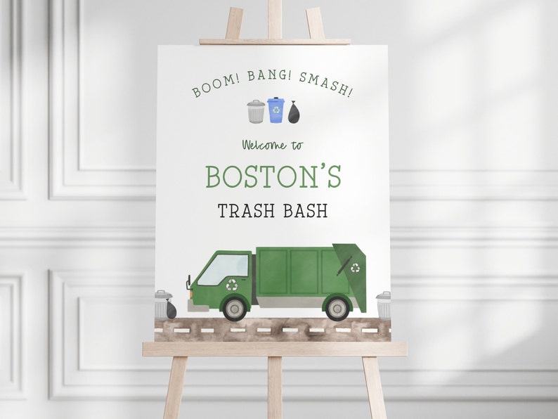 Garbage Truck Party Welcome Sign, Editable Green Trash Truck Birthday ...