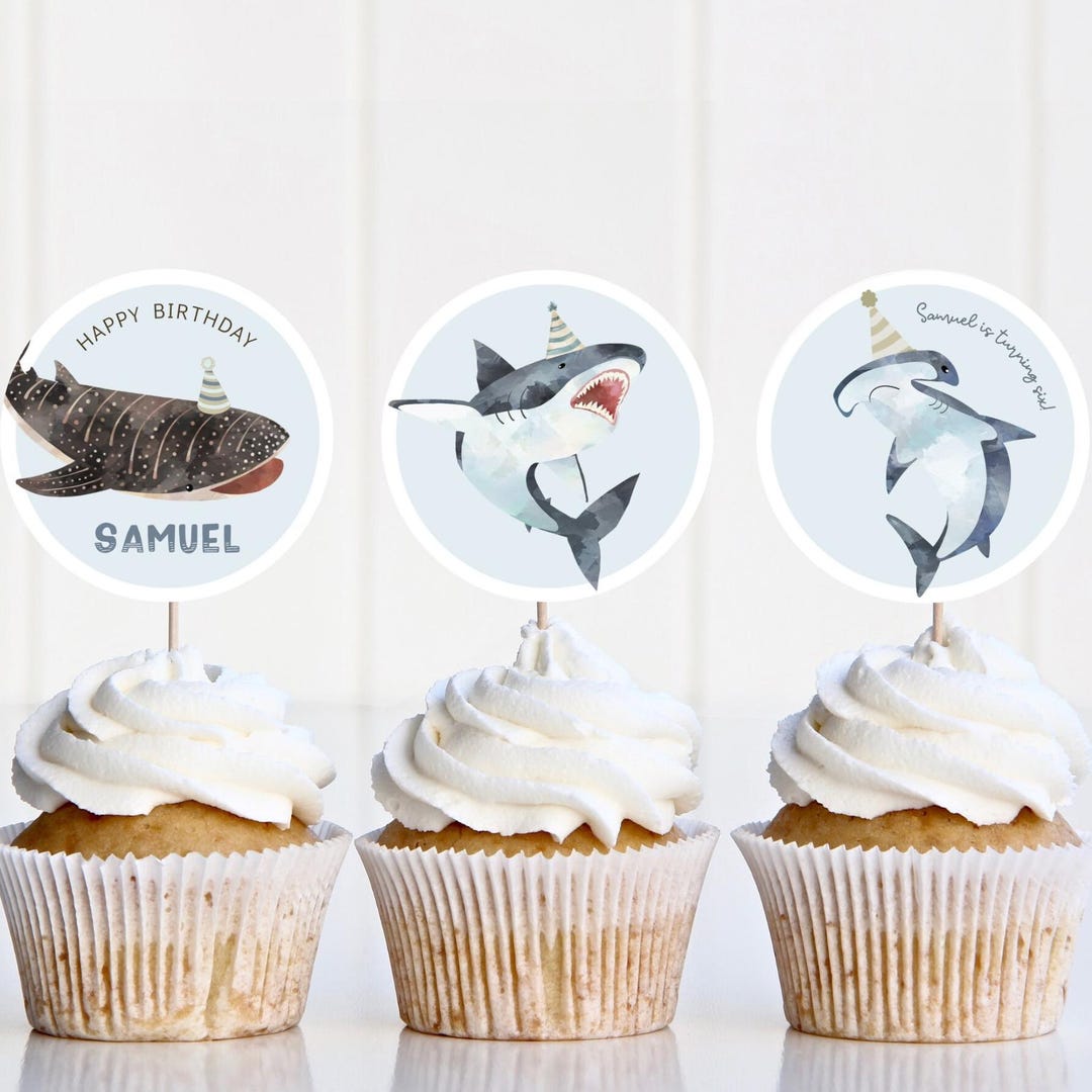 Shark Cupcake Toppers, Editable Template, Boys Under the Sea Sharks B ...