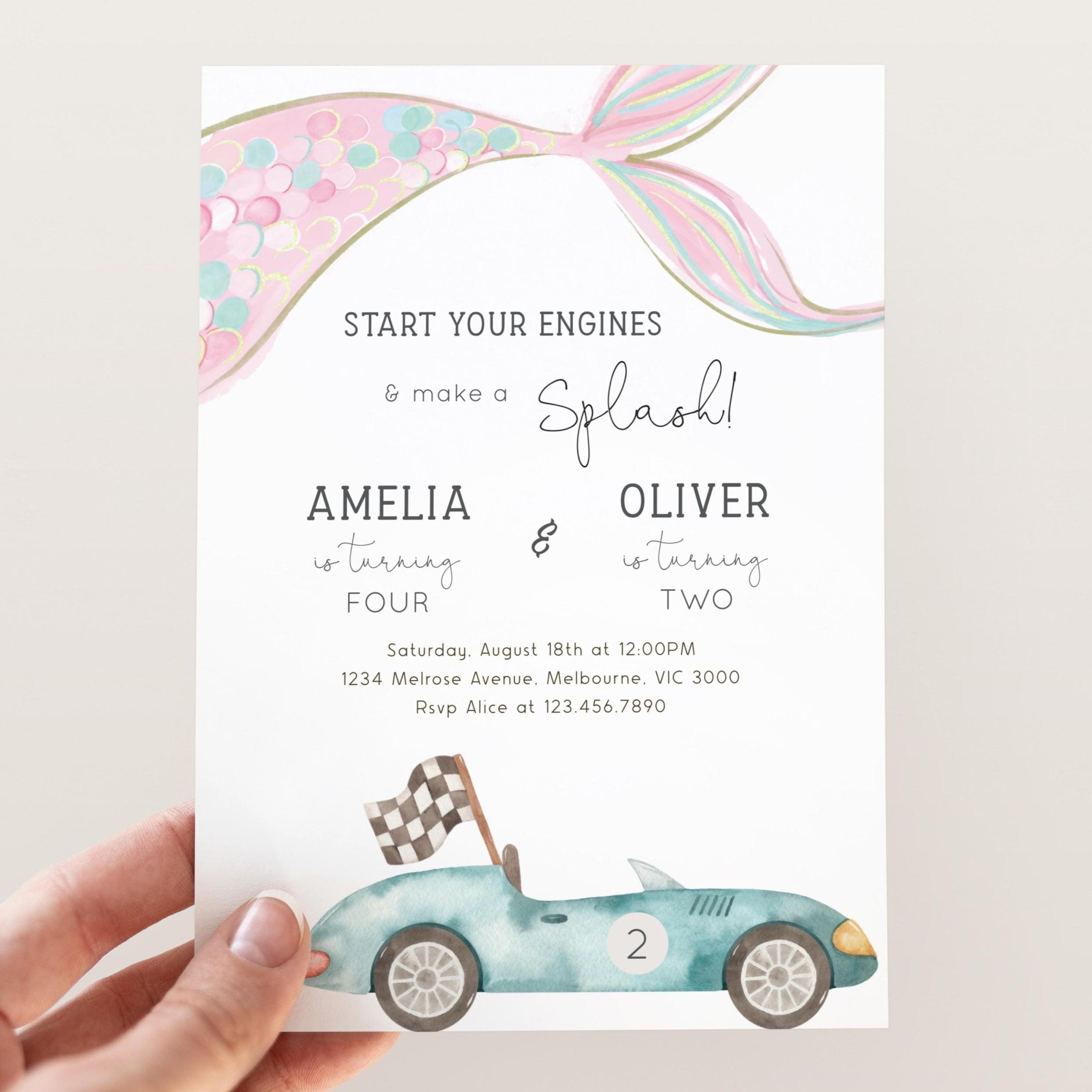 Race Car & Mermaid Siblings Joint Birthday Invitation, Editable Boy ...