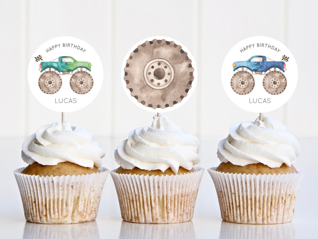 Editable Monster Truck Cupcake Topper, Blue & Green Monster Truck Happy ...