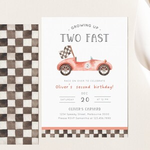 Growing up Two Fast Birthday Invitation, Vintage Race Car Invitation ...
