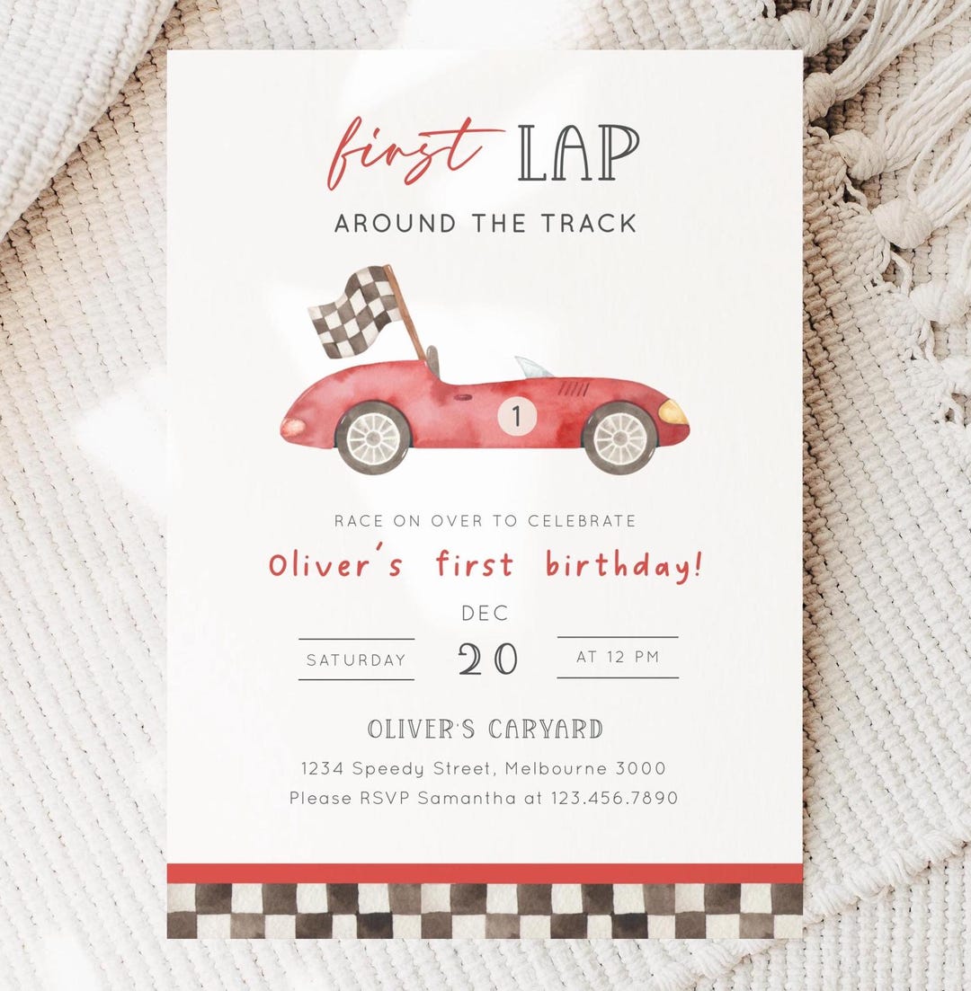 First Lap Red Car Birthday Invitation, Editable Racing Car 1st B'day ...