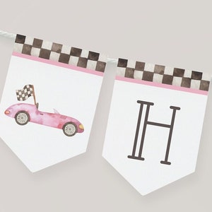 Pink Race Car Happy Birthday Banner, Printable Girl Pink Car Party ...