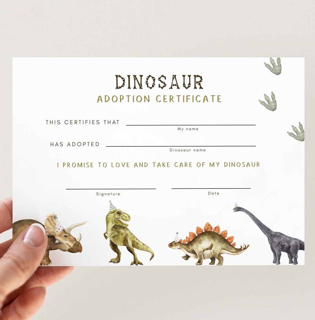 Adopt A Dinosaur Certificate Card, Editable Dino T-rex Birthday Party ...