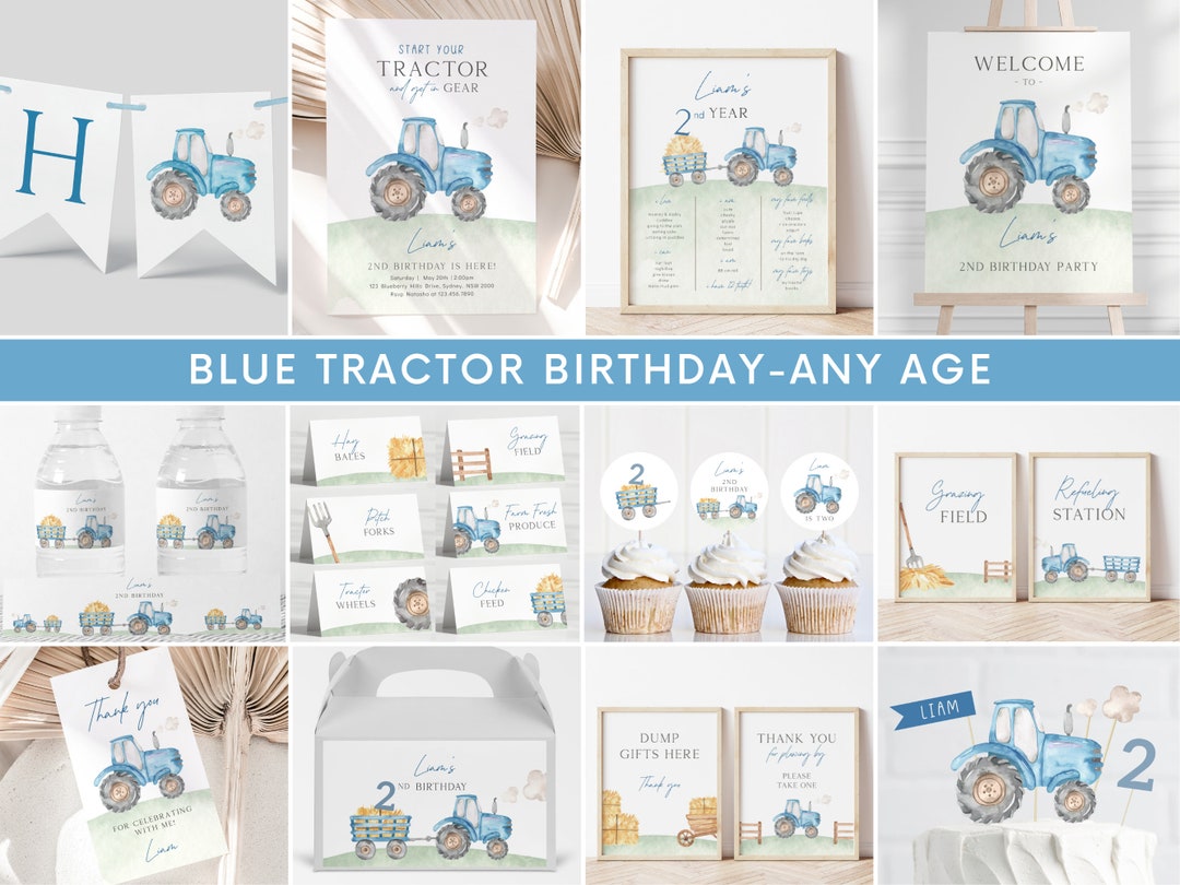 Blue Tractor Birthday Invitation Bundle, Editable Any Age Tractor Farm ...