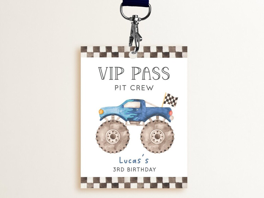 Monster Truck Pit Crew Pass, Editable Template, Racing Truck Birthday ...