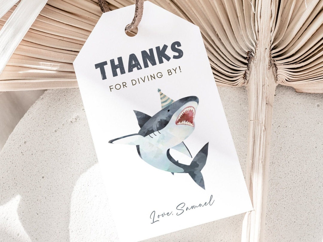 Sharks Thank You Tag, Editable Great White Shark Birthday Label ...