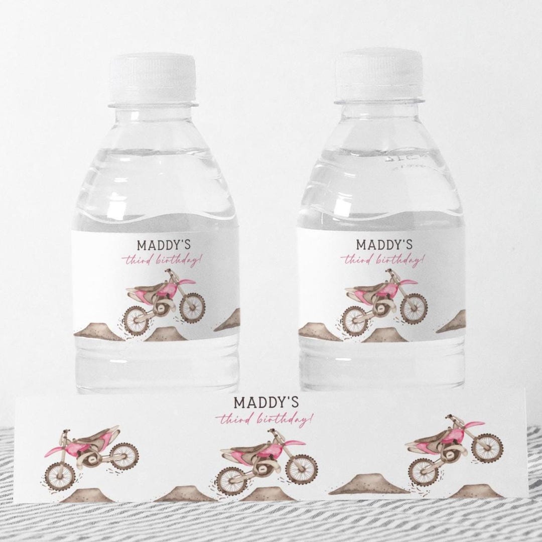 Pink Dirt Bike Water Bottle Label, Editable Template, Girl Racing Bike ...