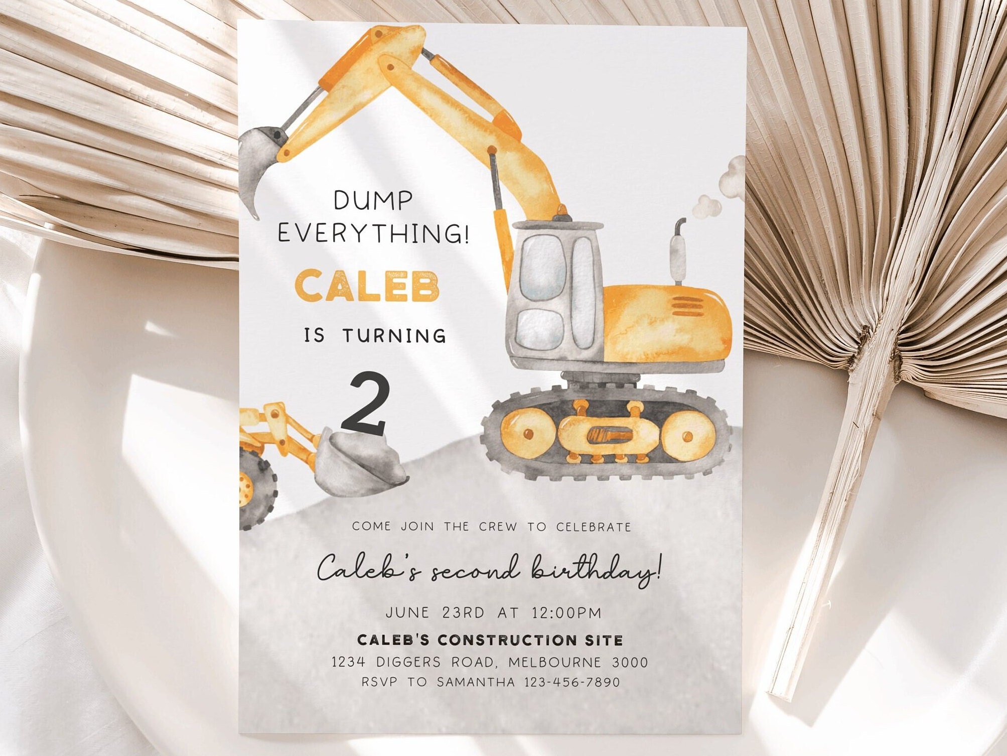 Editable Construction Birthday Invitation, Any Age Excavator Truck ...