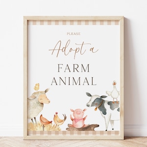 Adopt A Farm Animal Sign, Editable Beige Barnyard Birthday Party Decor ...