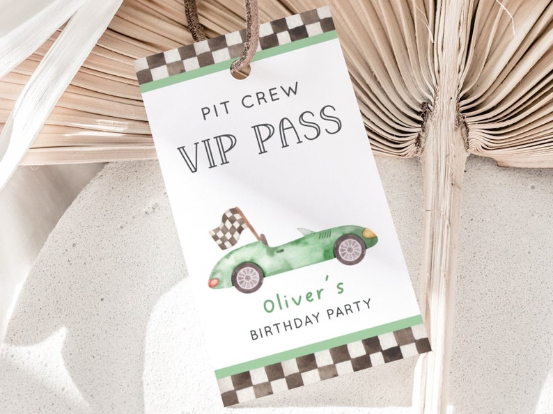 Car Birthday Pit Crew Pass Tag, Editable Template, Vintage Green Racing ...