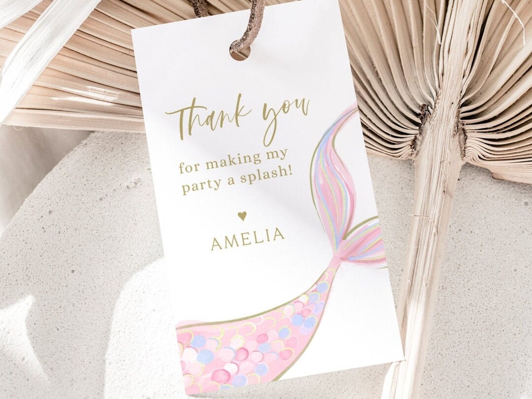 Editable Pink Mermaid Gift Tag, Mermaid Birthday Party Favor Tag, Under ...