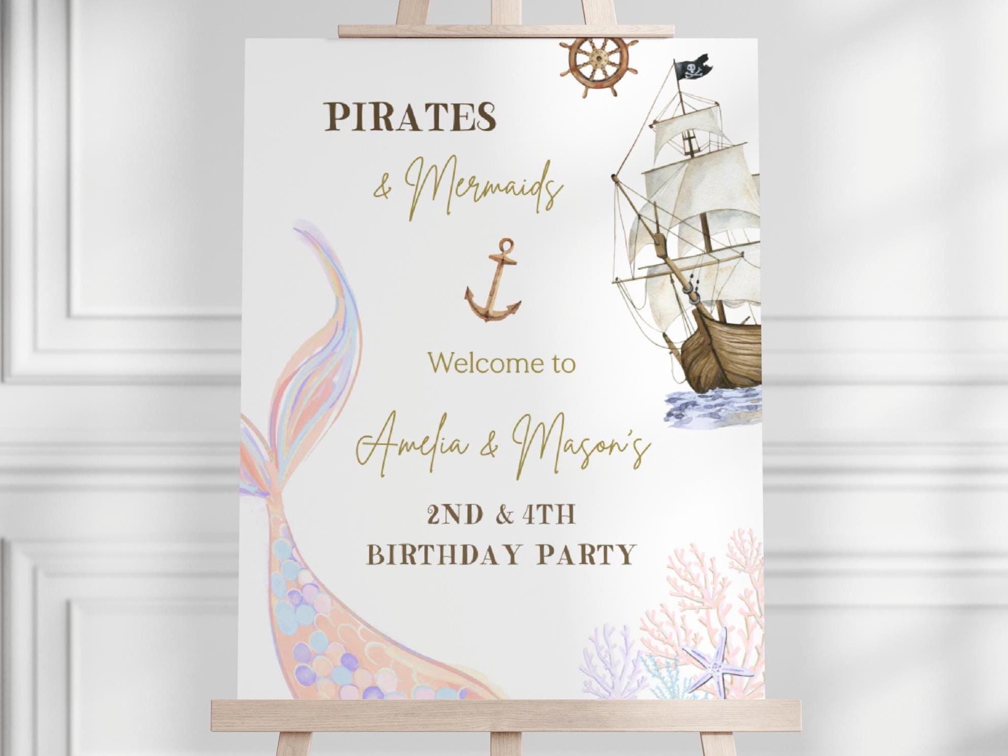 Editable Pirate & Mermaid Welcome Sign, Siblings Mermaid Pirate Ship ...