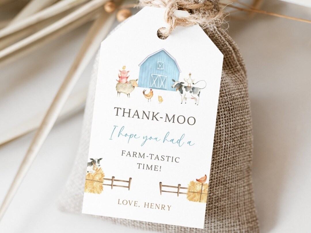 Blue Barn Animals Thank You Tag, Editable Farm Birthday Gift Tag, Boy ...