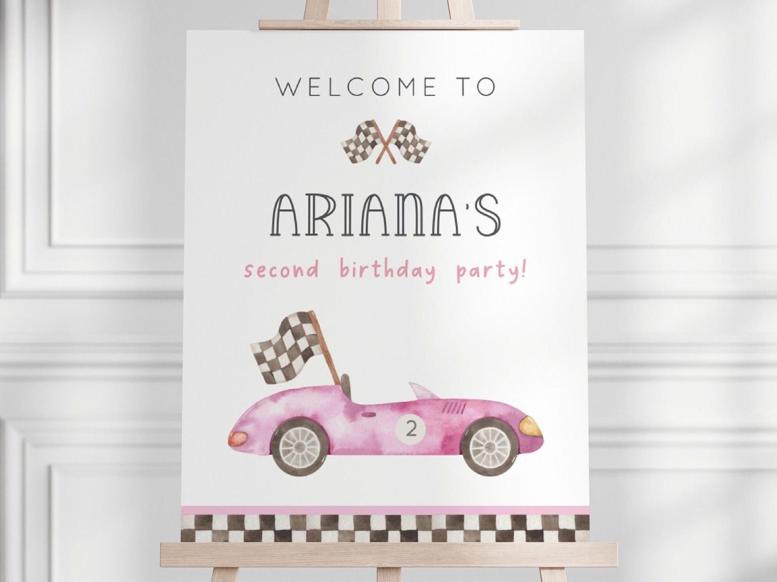 Editable Pink Race Car Birthday Welcome Sign, Any Age Birthday Girl ...
