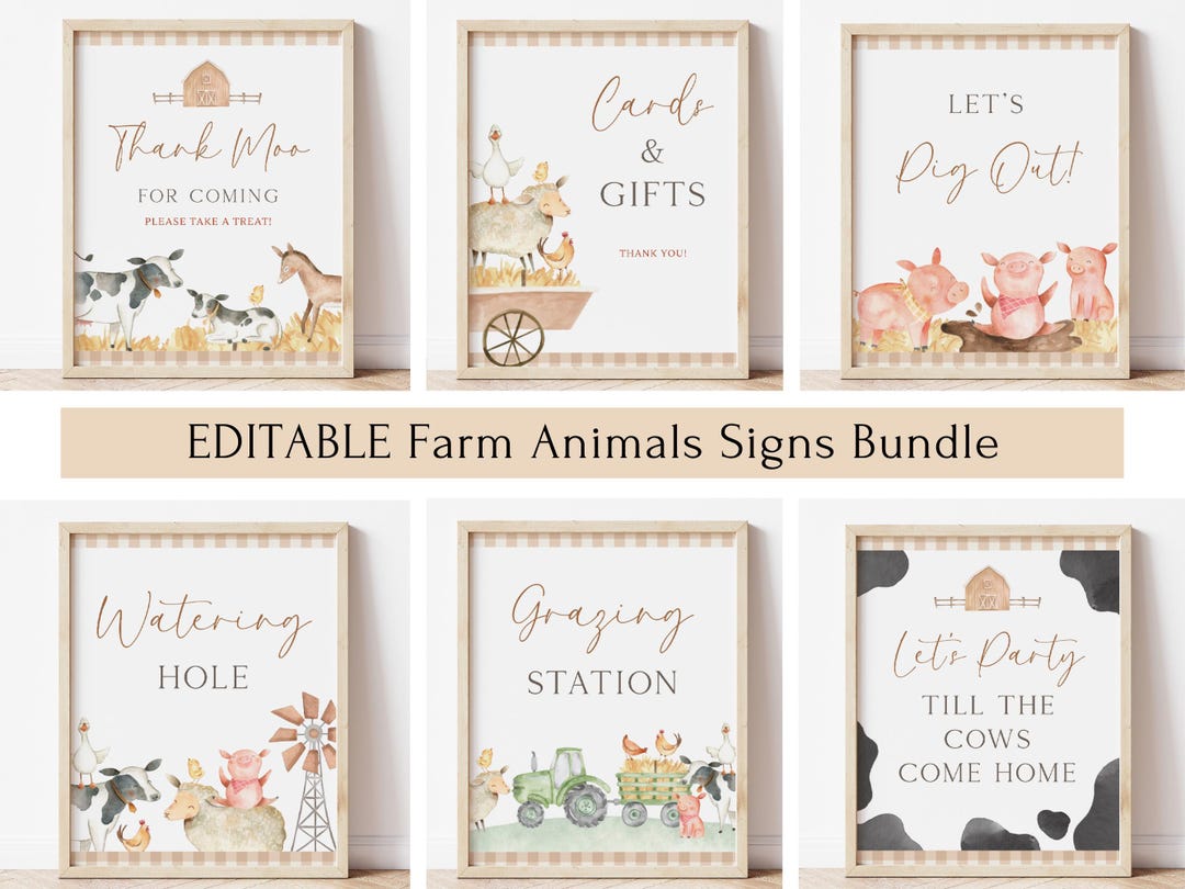 Editable Farm Birthday Party Signs Bundle, Beige Barn & Farm Animal ...