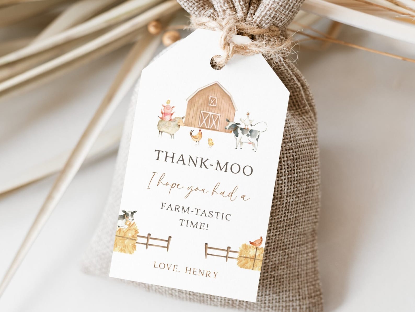 Farm Animals Birthday Thank You Tag, Editable Beige Barn B'day Favors ...