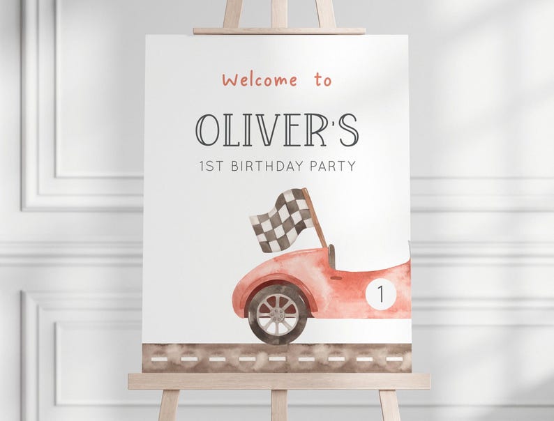 Editable Red Racing Car Birthday Welcome Sign, Fast One Reto Race Car B ...