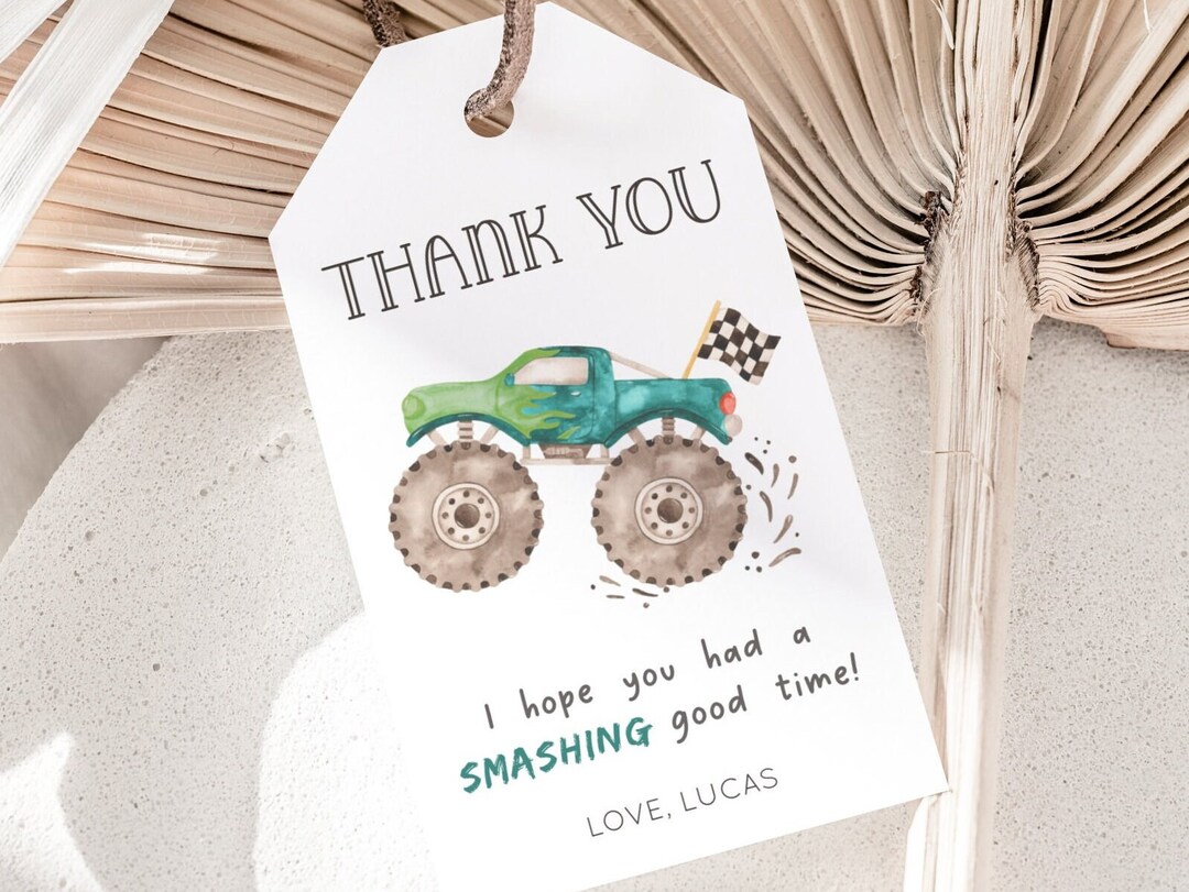 Editable Monster Truck Favor Tag, Monster Truck Birthday Decor, Teal ...