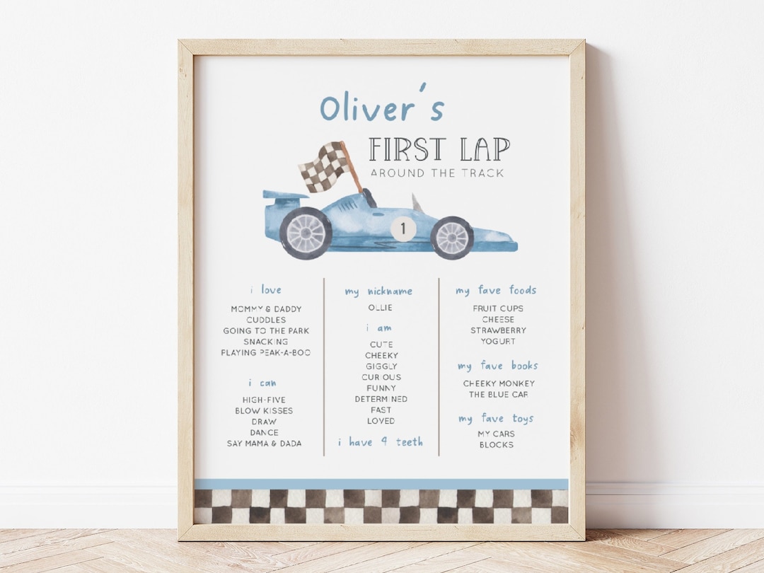 Editable Racing 1st Birthday Milestone Sign, Blue Race Car Fast One ...