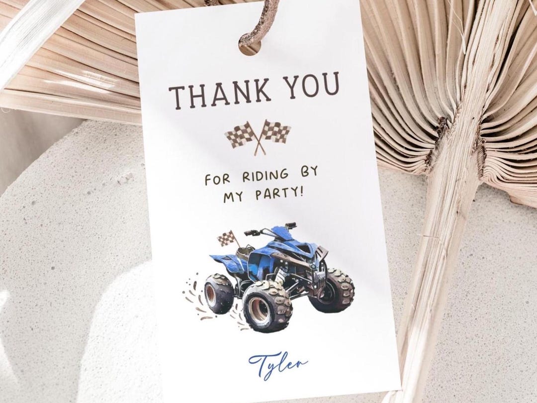 Editable Quad Bike Thank You Tag, Blue Quad Bike ATV Birthday Gift Tag ...