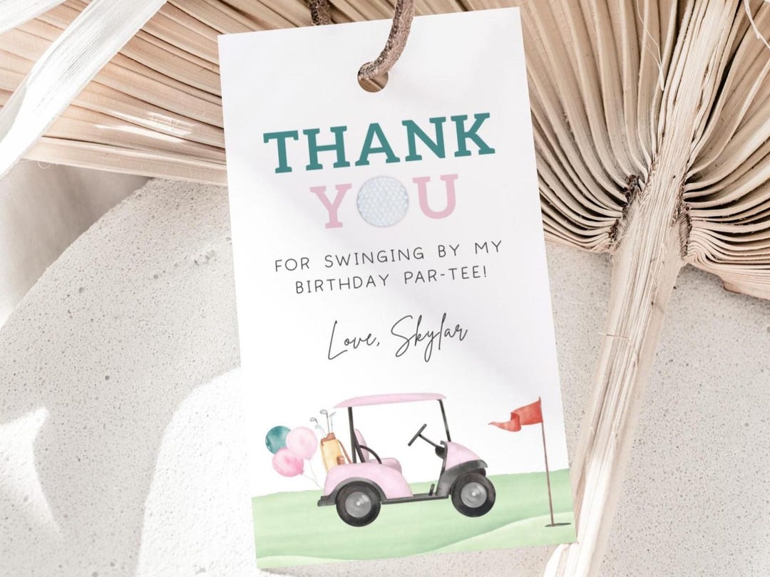 Girl Golf Birthday Thank You Tag, Editable Golf Cart & Pink Balloons ...