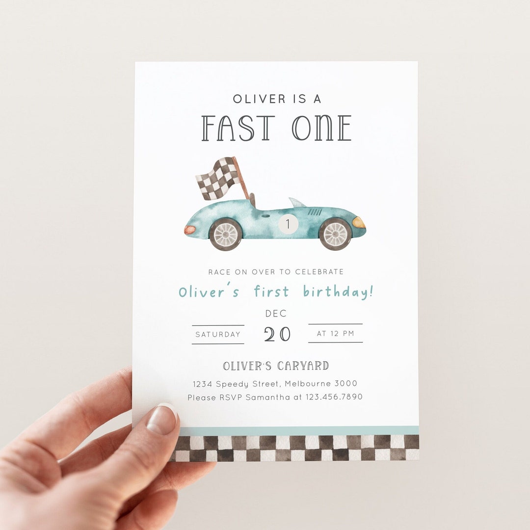 Race Car 1st Birthday Invitation, Editable Template, Fast One Birthday ...