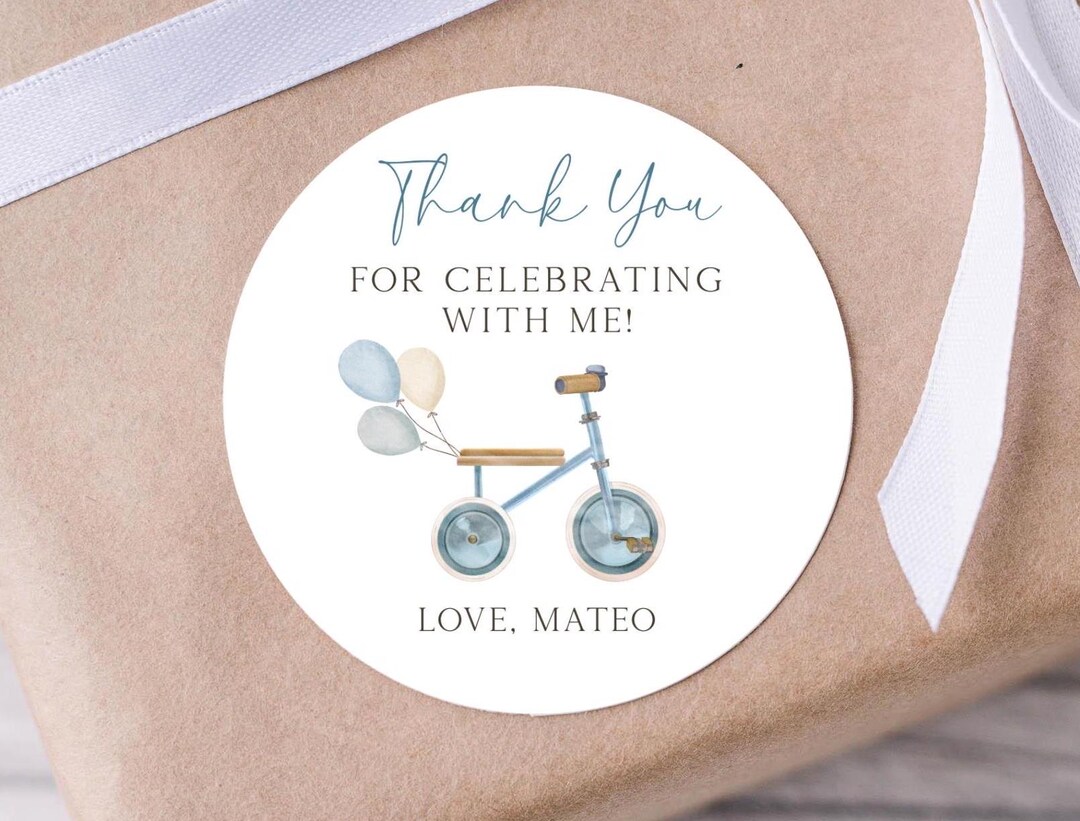 Editable Tricycle Thank You Sticker, Blue Tricycle & Balloons Birthday ...