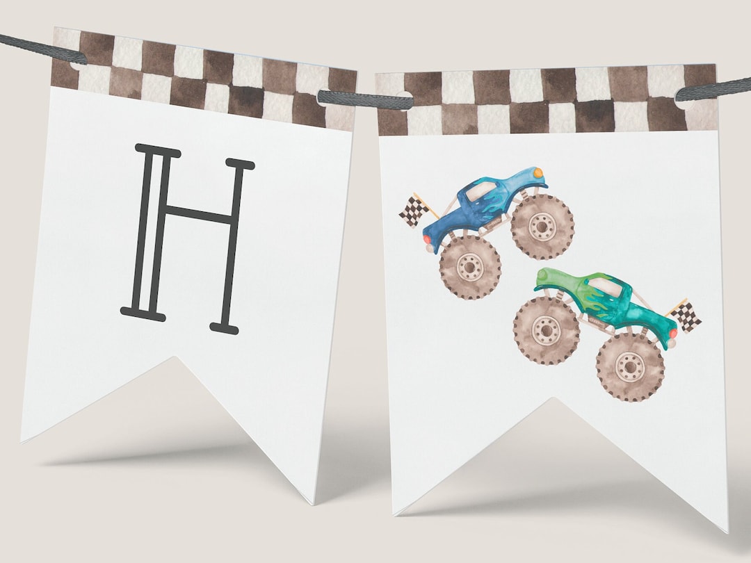 Monster Truck Birthday Banner, Editable Template, Blue Green Monster ...