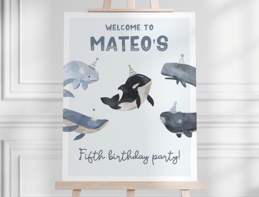 Whale Birthday Welcome Sign, Editable Whale B'day Party Decor, Ocean ...