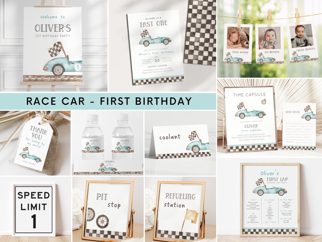 Race Car 1st Birthday Invitation Bundle, Editable Racing First Bday ...