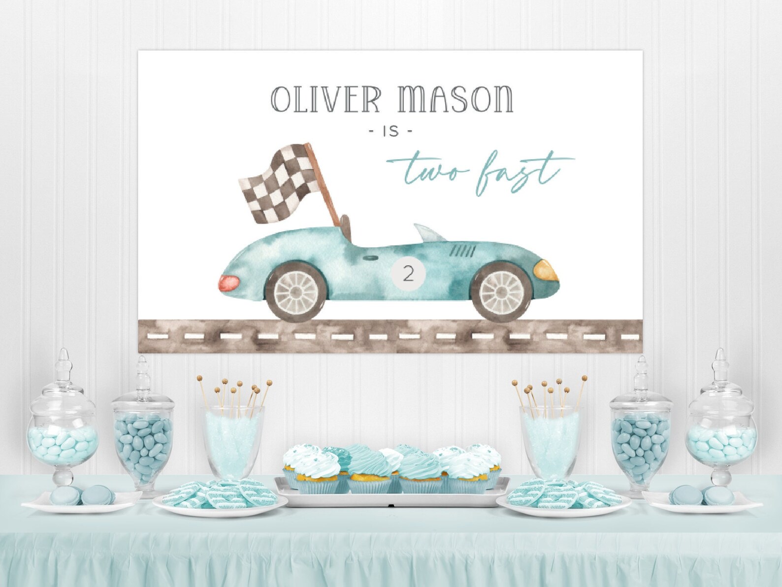 TWO Fast Racing Banner, Editable Blue Race Car Party Decor, Printable ...