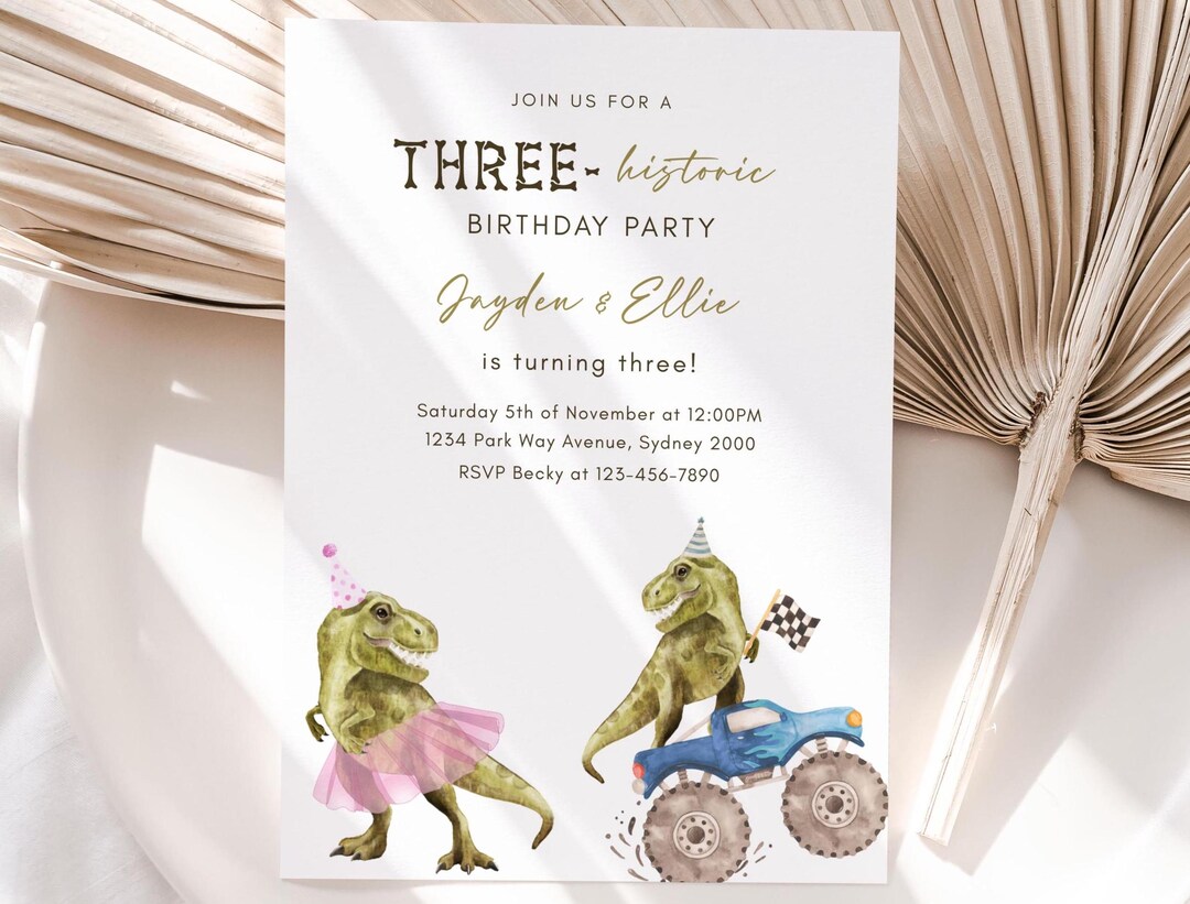 Dinosaur Twins Three Historic Birthday Invitation, Editable T-rex ...
