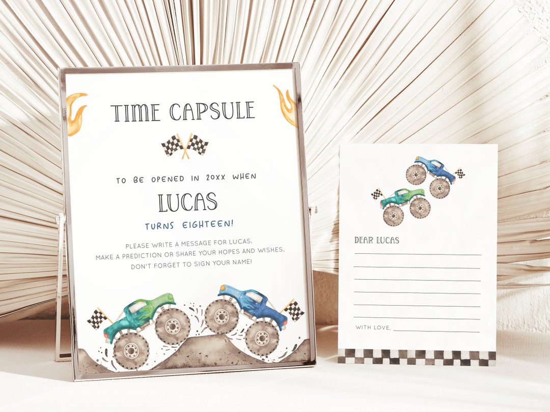 Monster Truck Time Capsule Sign, Editable Monster Truck Birthday Time ...