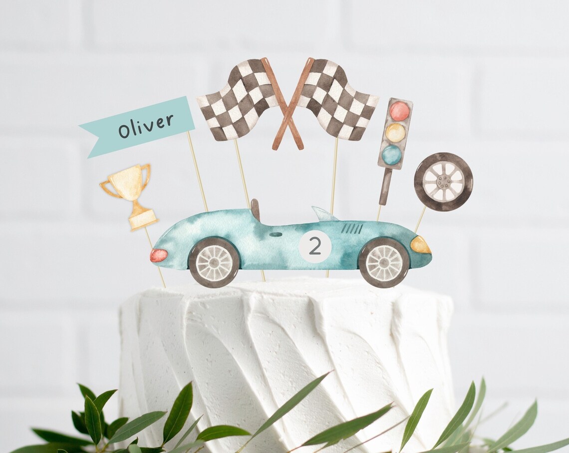 Editable Race Car Cake Toppers, Printable Blue Vintage Car Cake Topper ...