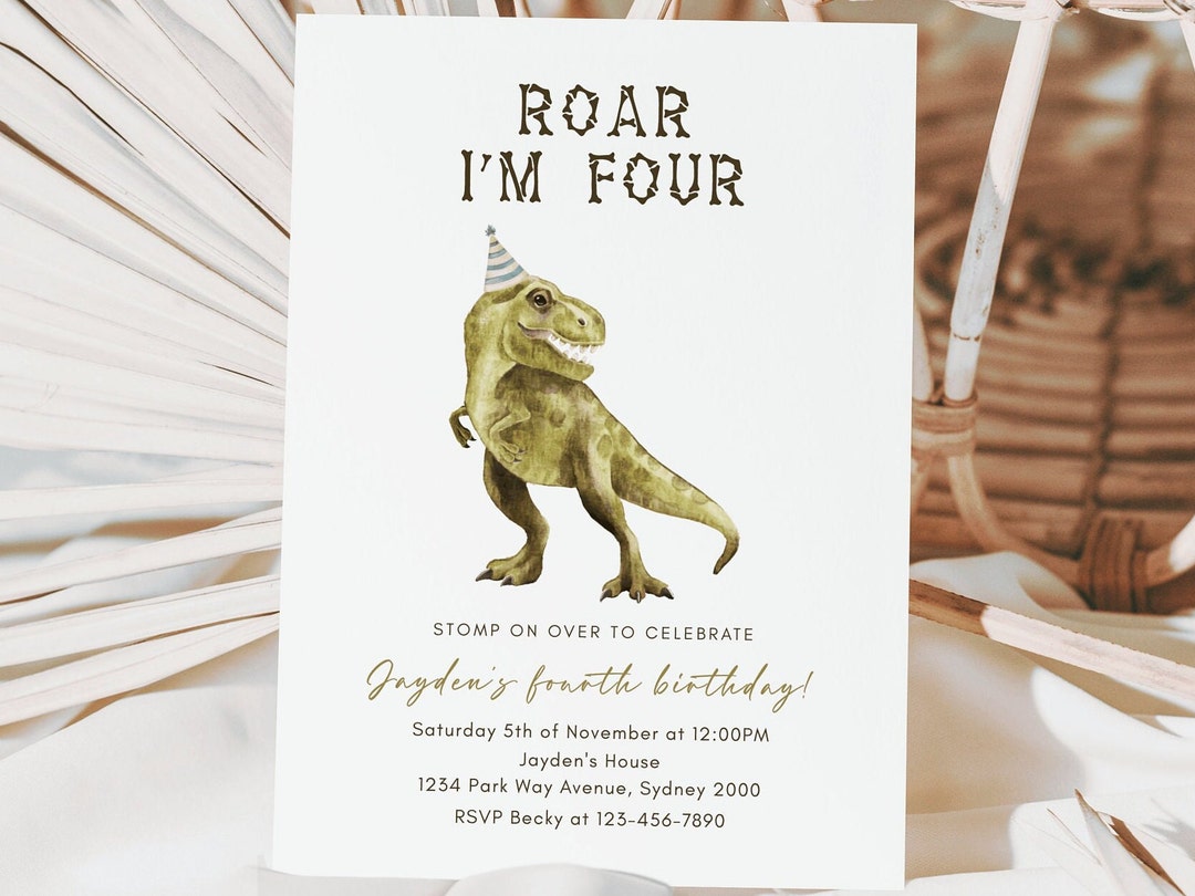 Roar I'm FOUR Birthday Invitation, Editable Template, Dinosaurt-rex ...