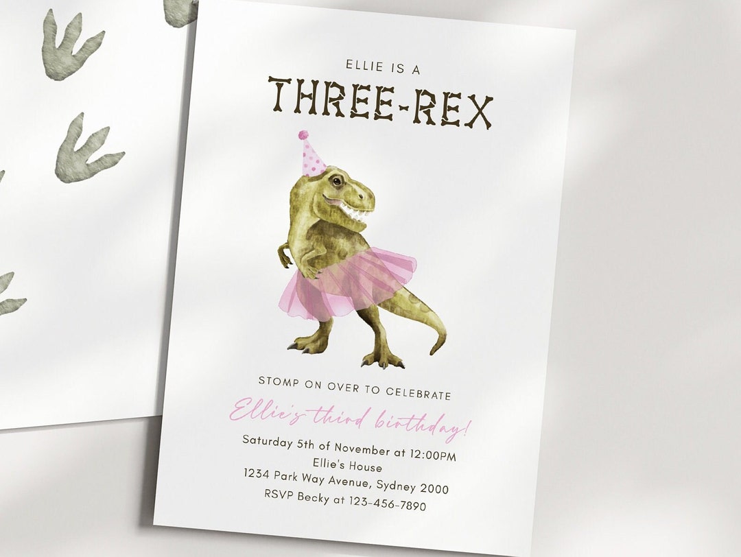 Dinosaur & Tutu Birthday Invitation, Editable Template, Pink Tutu Three-rex Party Invite, Girl ...