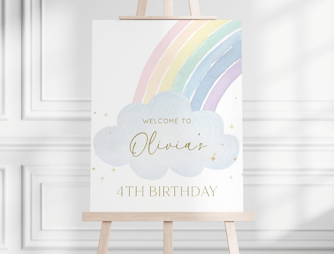 Pastel Rainbow Birthday Welcome Sign, Editable Girl Rainbow B'day Party ...