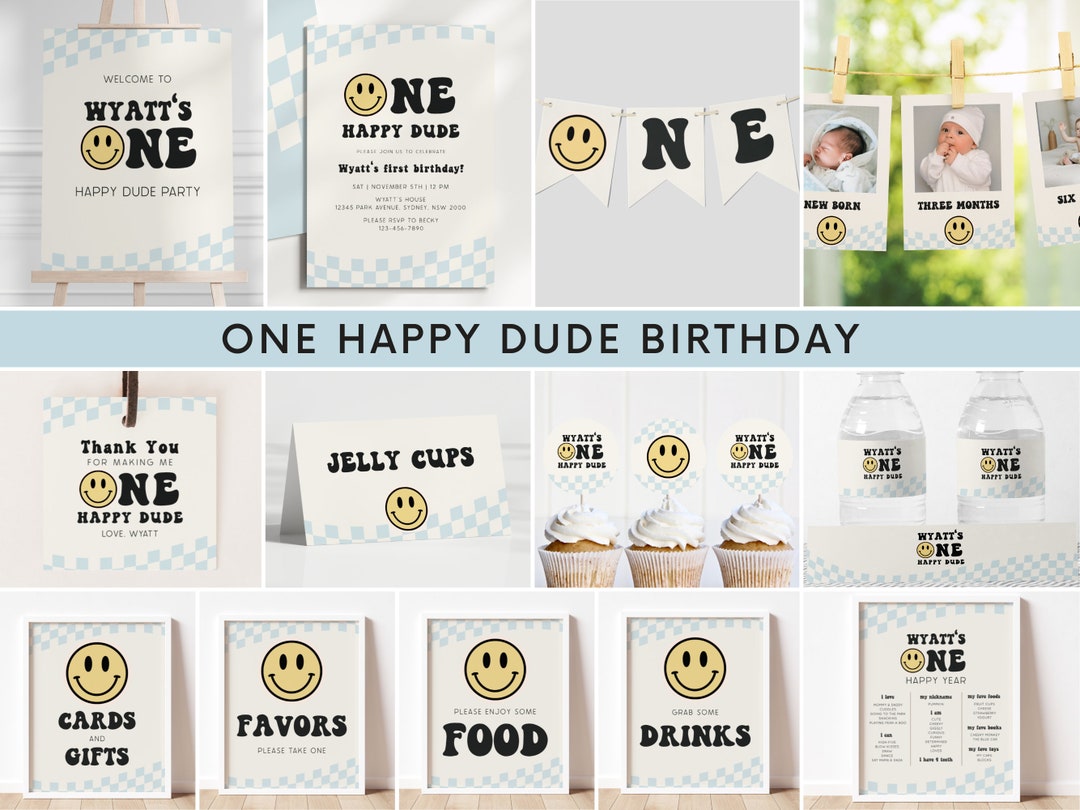 One Happy Dude Birthday Invitation Bundle, Editable Template, Smiley ...