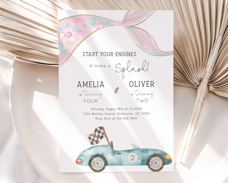 Race Car & Mermaid Siblings Joint Birthday Invitation, Editable Boy ...