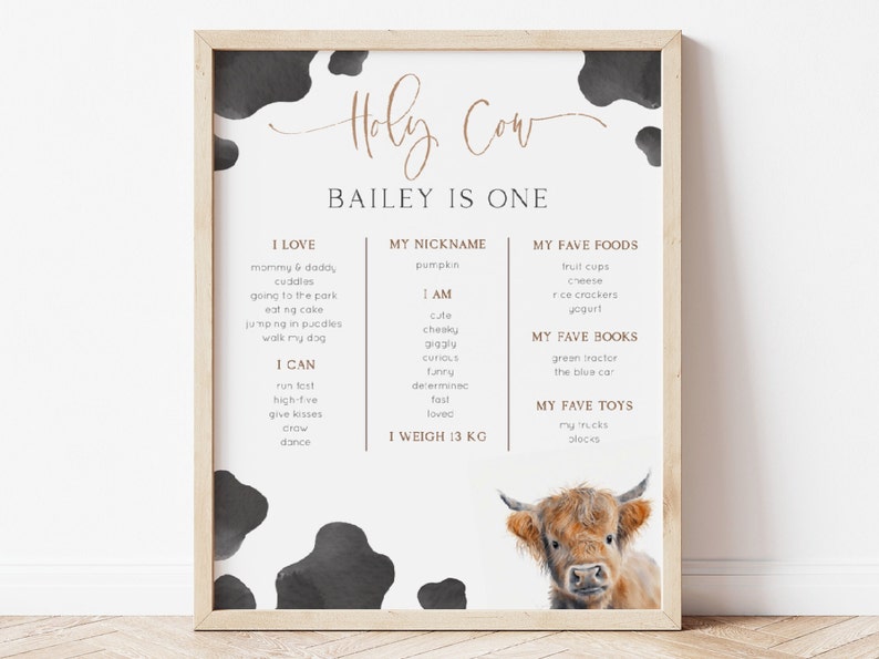 Editable Cow Birthday Milestone Poster, Holy Cow I'm One Gender Neutral ...