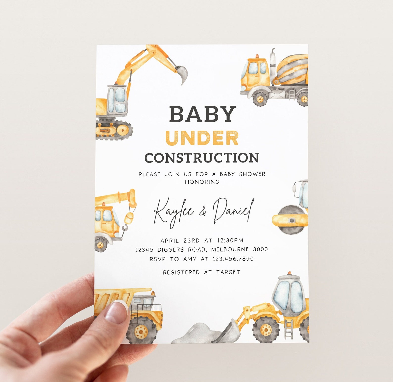 Editable Construction Baby Shower Invitation, Construction Trucks Baby ...