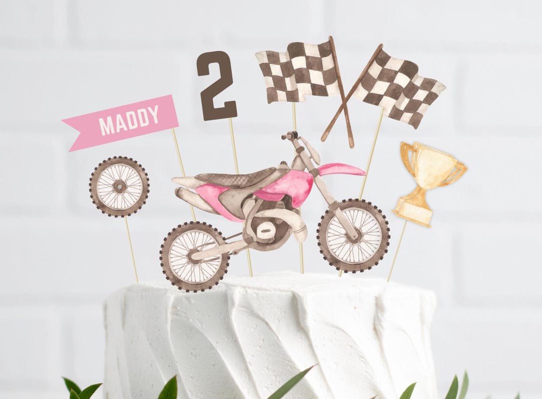 Editable Pink Dirt Bike Cake Toppers, Any Age Dirt Bike Birthday Party ...